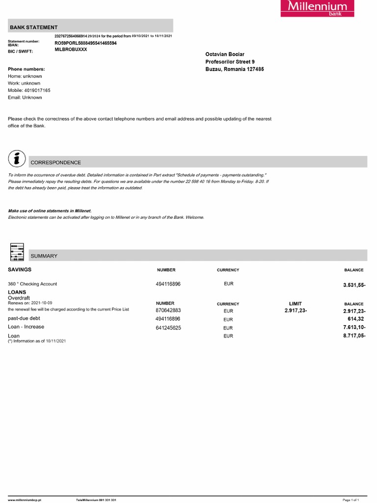 Millenium Bank Statement | PDF