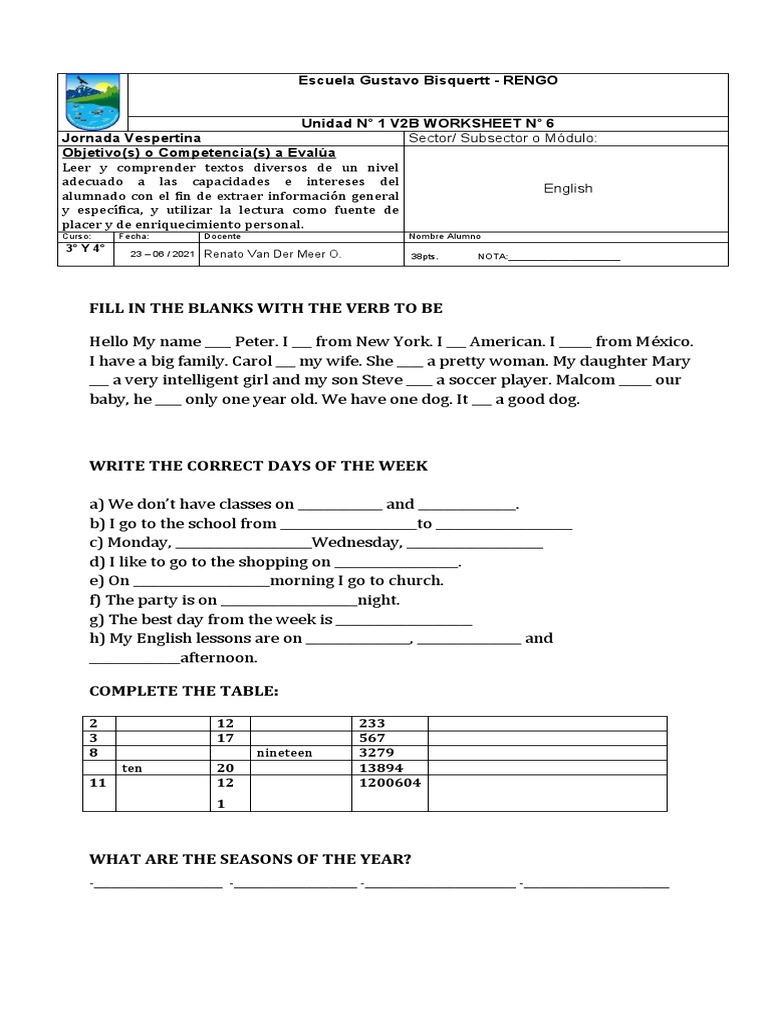 Verb To Be, Days of The Week, Numbers and Seasons of The Year | PDF