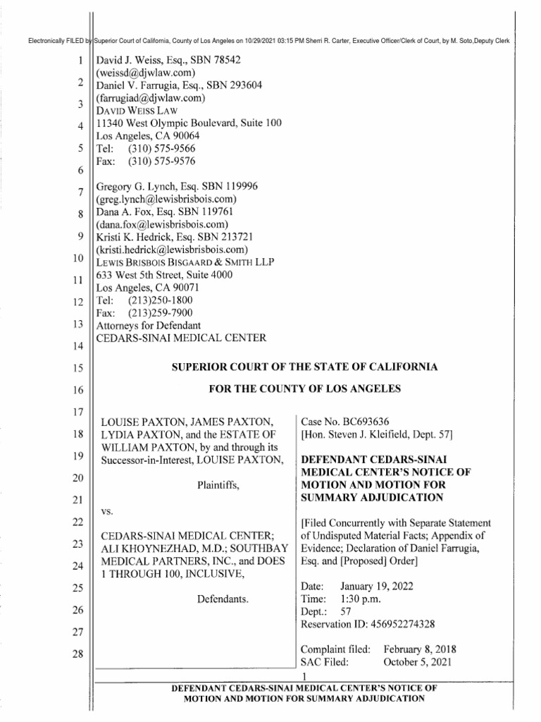 Paxton V Cedars - MSJ | PDF | Summary Judgment | Burden Of Proof (Law)
