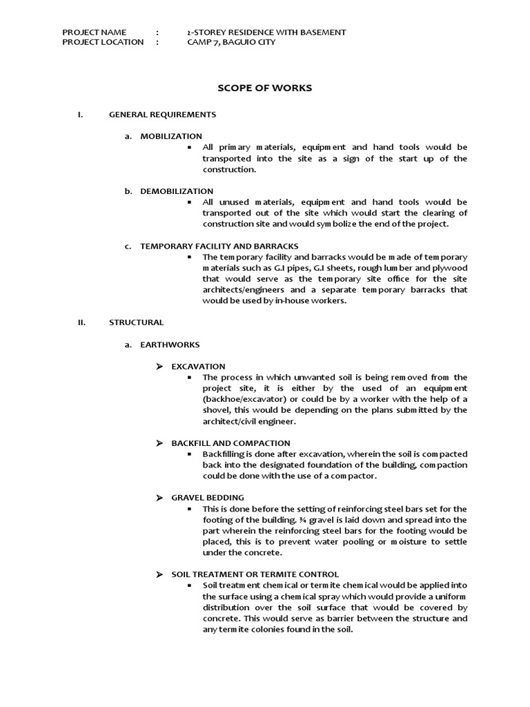 Scope of Works: I. General Requirements A. Mobilization | PDF ...
