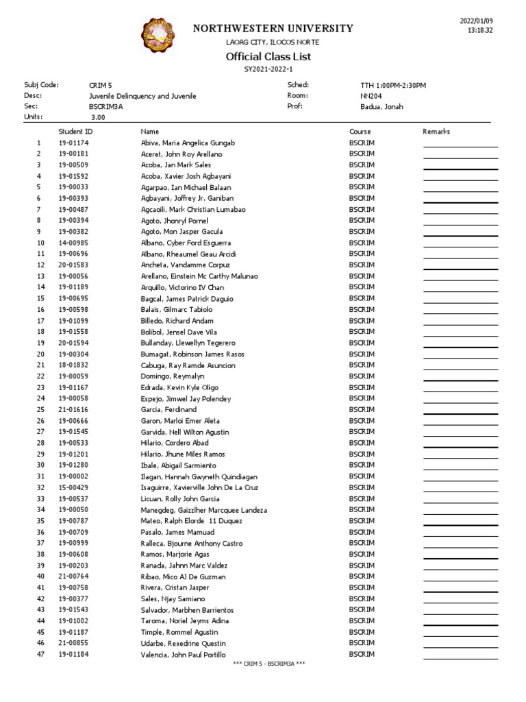 Northwestern University: Official Class List | PDF