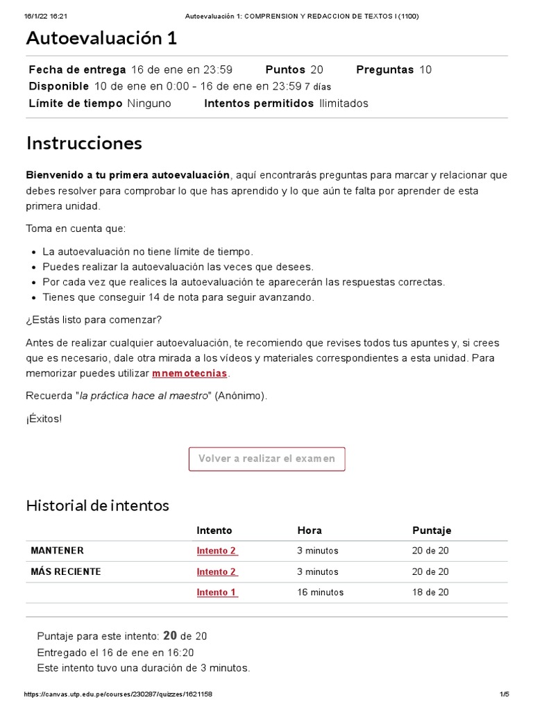 Autoevaluación de Comprensión y Redacción | PDF | Cognición