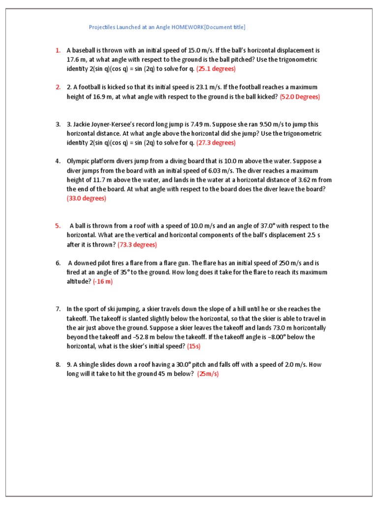 Projectiles LAunched at Angle HOMEWORK | PDF
