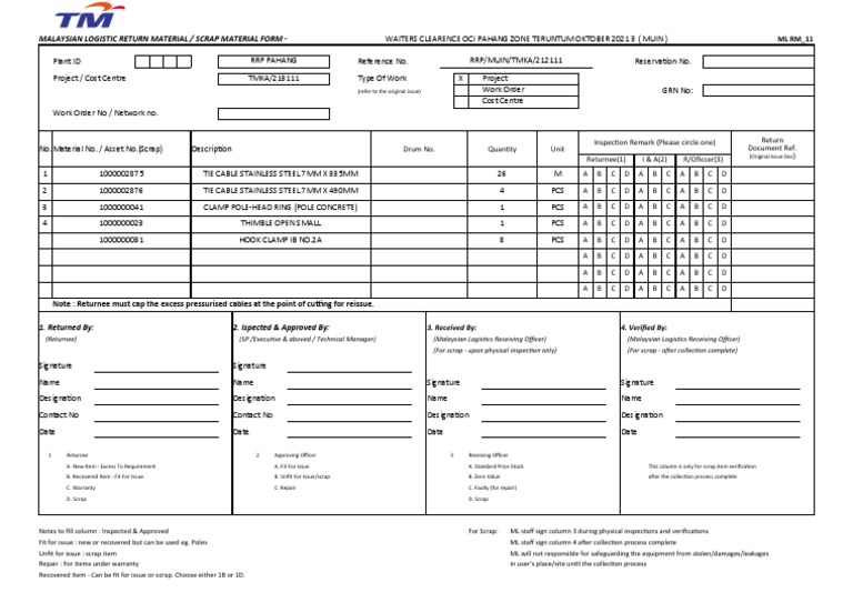 Malaysian Logistic Return Material / Scrap Material Form | PDF | Scrap