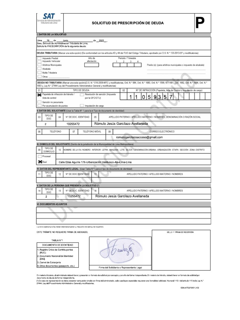 Formulario SAT LIMA PRESCRIPCION | PDF