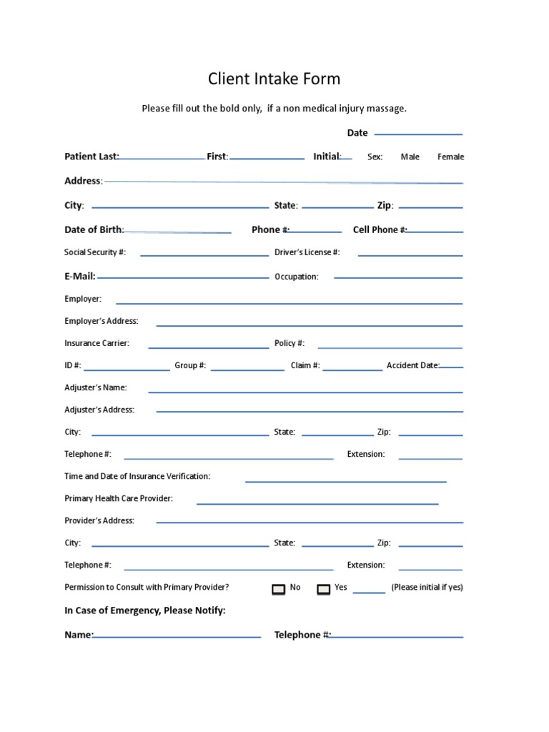 Client Intake Form: Date Patient Last: First Initial Address City Zip ...