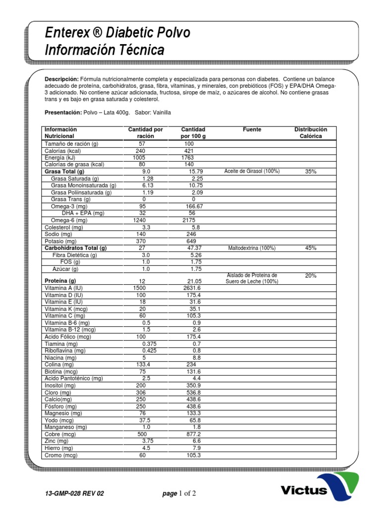 Ficha Técnica Enterex Diabetic Polvo 60450 | PDF | Leche | Alimentos