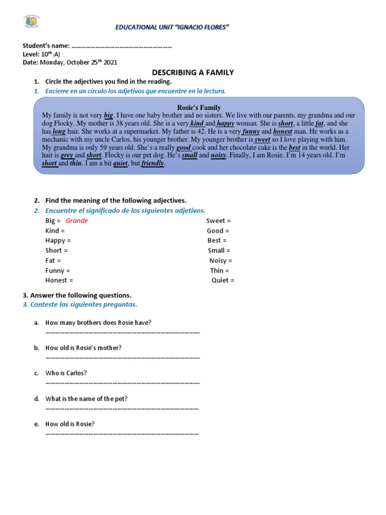 Adjectives in Family Descriptions | PDF | Language Arts & Discipline