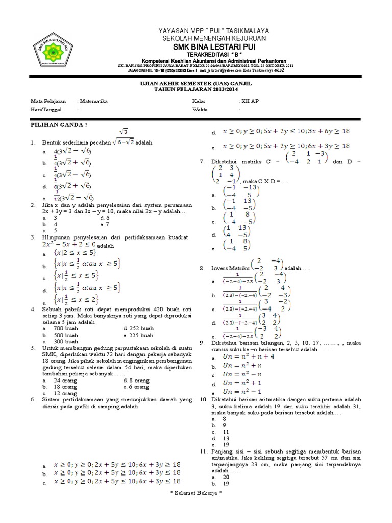 Soal UAS MTK XII AP | PDF
