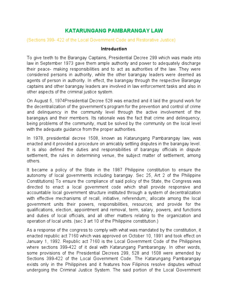 Katarungang Pambarangay Law: (Sections 399-422 of The Local Government ...