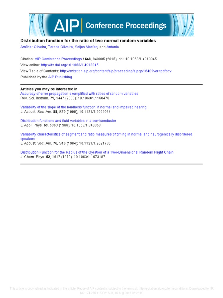 Distribution Function For The Ratio of Two Normal Random Variables ...