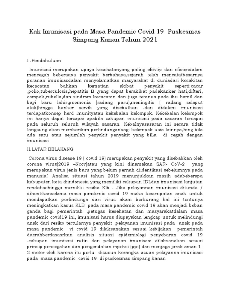 Kak Imunisasi Pada Masa Pandemic Covid 19 Puskesmas Simpang Kanan Tahun 2021 | PDF