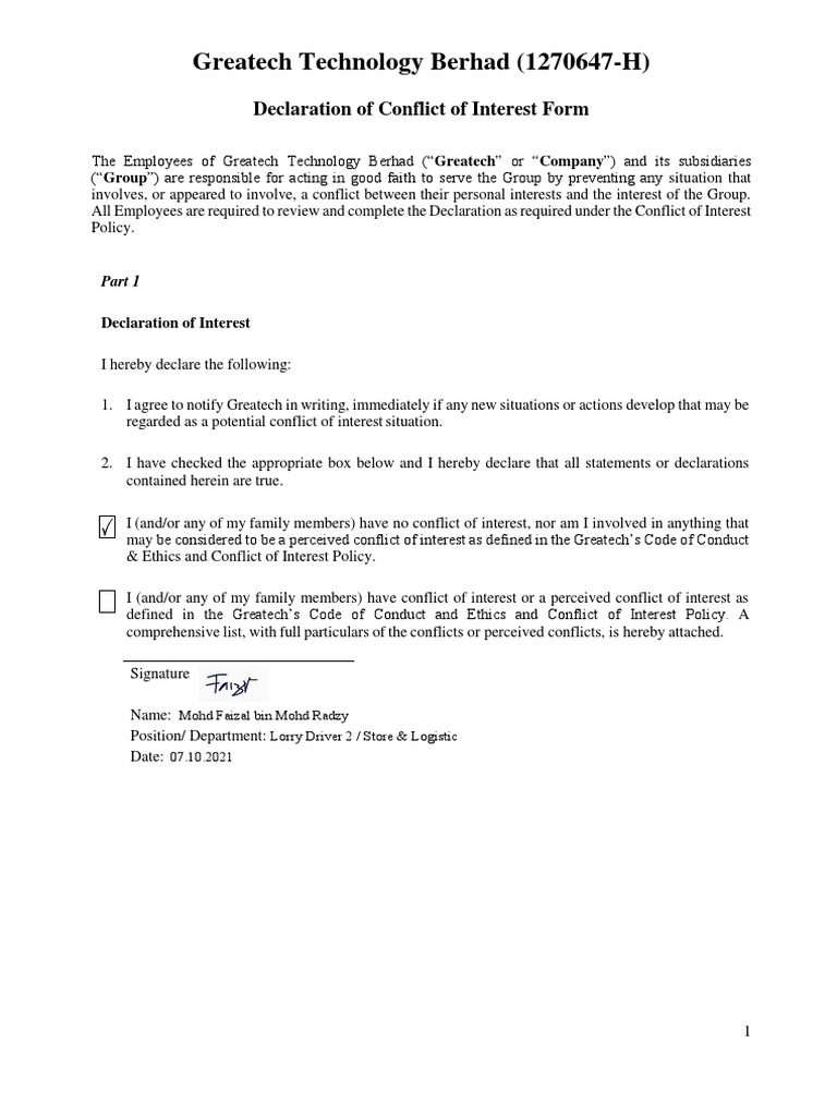 Greatech Conflict of Interest Declaration | PDF | Conflict Of Interest ...