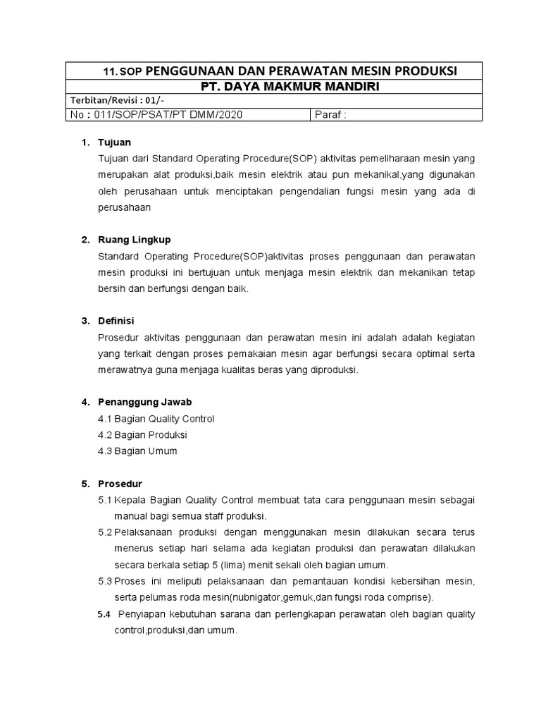 Sop Penggunaan Dan Perawatan Mesin Produksi | PDF