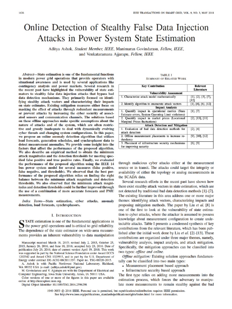 Online Detection Of Stealthy False Data Injection Attackes On Power System State Estamation Pdf