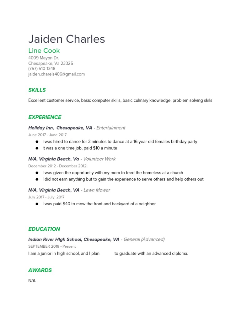 Jaiden Charles: Line Cook | PDF