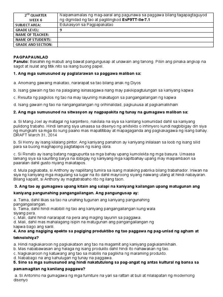 Activity Sheet in ESP 9 (2ND QUARTER) Week 6 | PDF