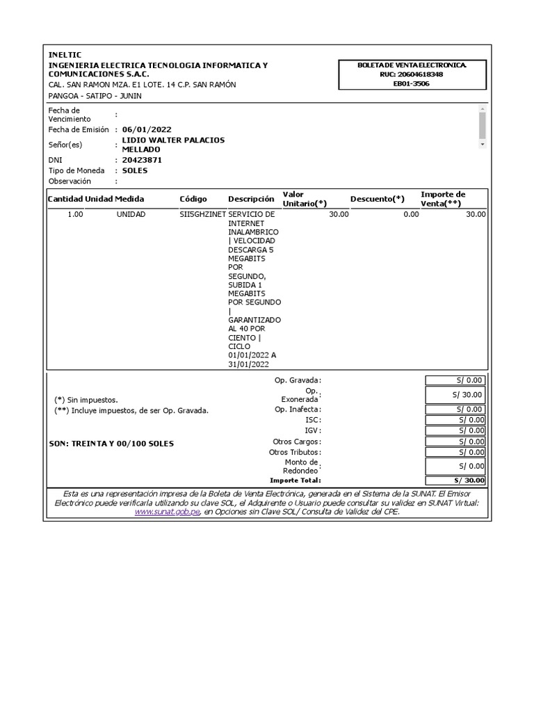 Boleta de Venta Electónica EB01-3506 | PDF | Ingenieria Eléctrica