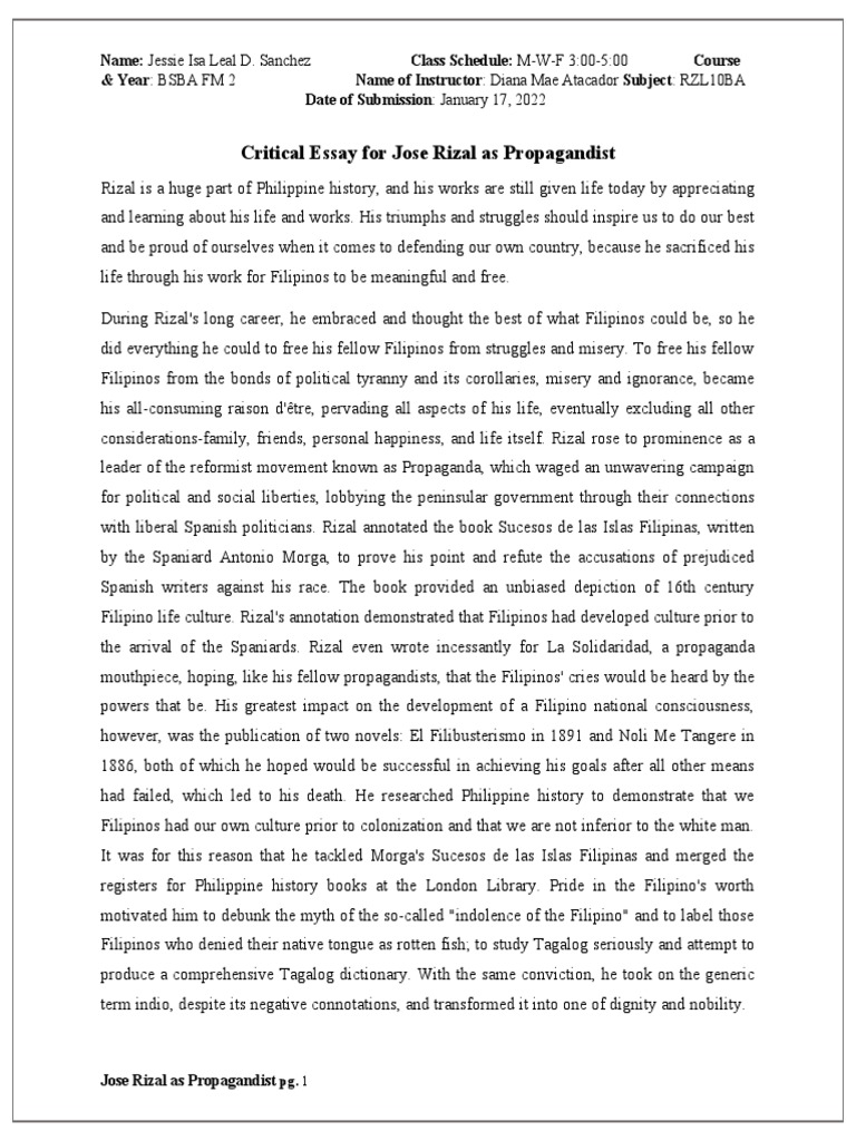 Critical Essay For Jose Rizal As Propagandist | PDF | Philippines