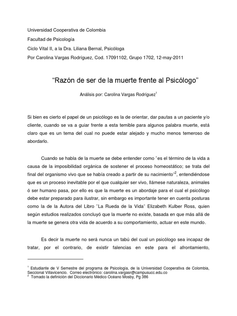 Análisis Razon de Ser de La Muerte Frente Al Psicólogo | PDF ...