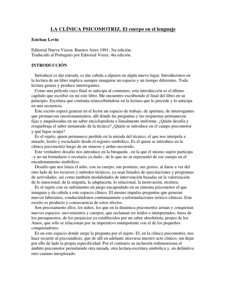 La Clinica Psicomotriz, El Cuerpo en El Lenguaje, Introducción, Esteban ...