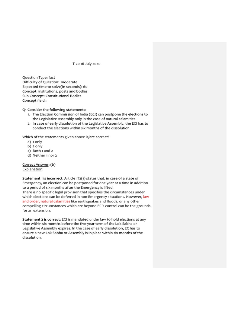 Statement 1 Is Incorrect: Article 172 (1) States That, in Case of A ...