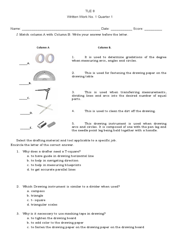 Tle 8 Written Work No. 1 Quarter 1: - Match Column A With Column B ...