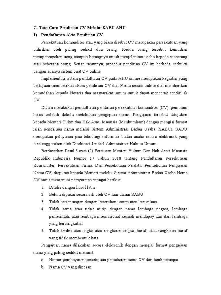 Tata Cara Pendirian CV Melalui SABU AHU (TPA 2) | PDF