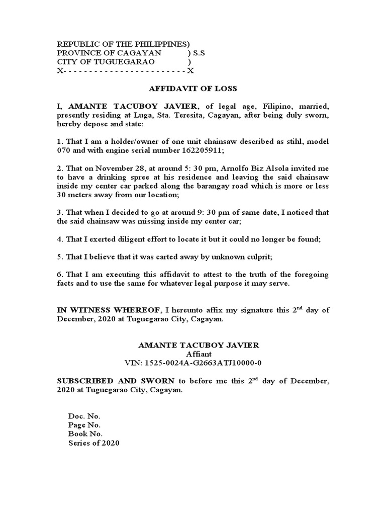 Affidavit of Loss-Chainsaw | PDF