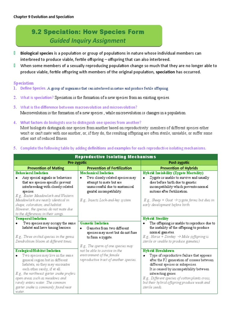 9.2 Speciation - How Species Form (HW Worksheet) | PDF | Evolution ...