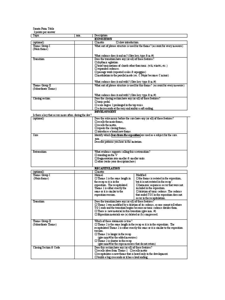Form and Analysis - Sonata Analysis Table | PDF | Musical Compositions ...