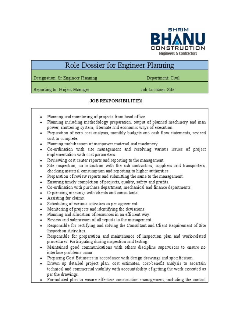 Sr Engineer Role Dossier for Civil Project Planning | PDF | Business ...