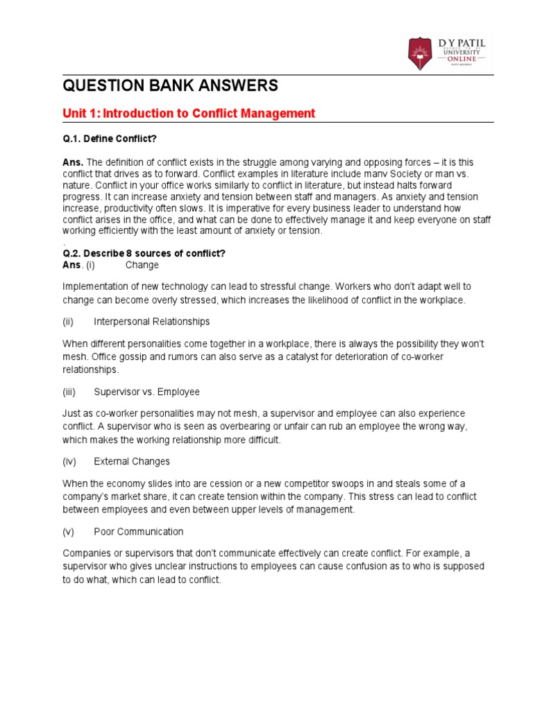 Question Bank Answers: Unit 1: Introduction To Conflict Management ...