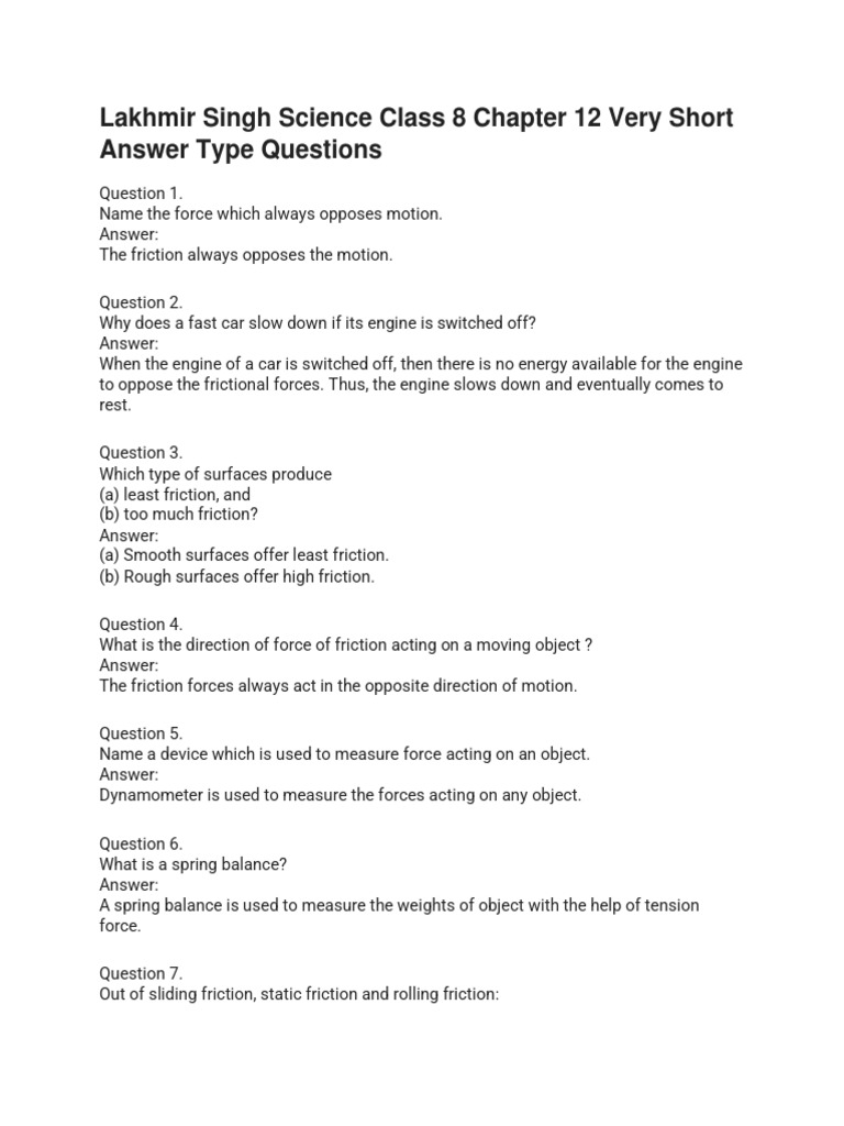 Lakhmir Singh Science Class 8 Chapter 12 Very Short Answer Type ...
