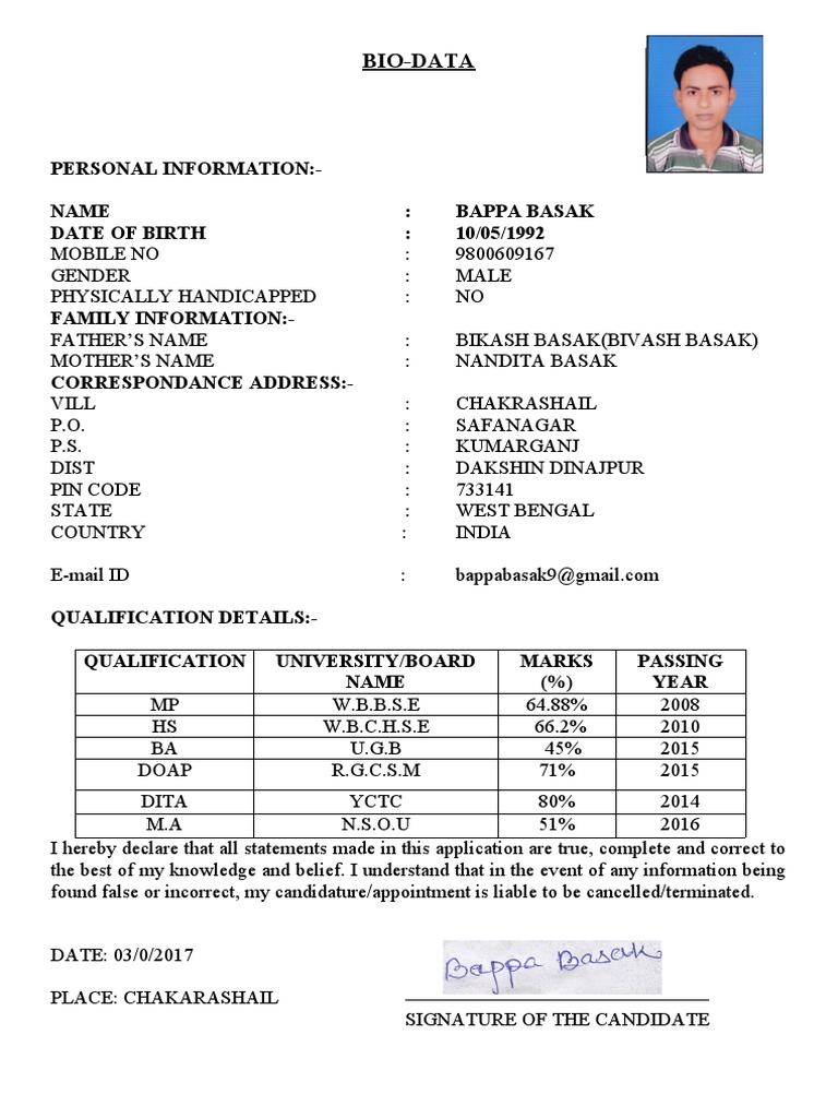 Bappa Basak's Bio-Data Overview | PDF