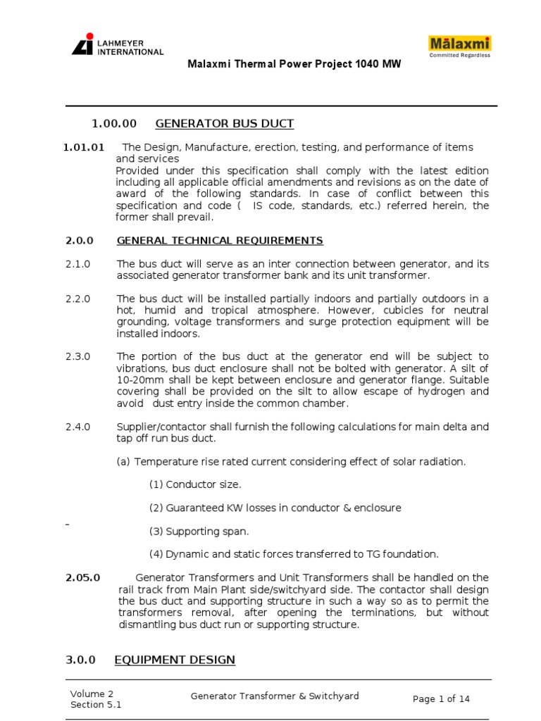 Vol 2 Sec 5.2 - Generator Bus Ducts Neutral Grounding Equipment | PDF | Duct (Flow) | Transformer