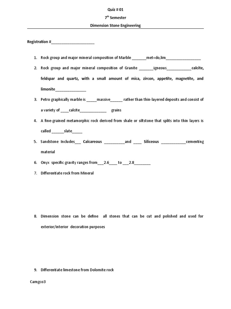 Quiz Answer Key | PDF | Rock (Geology) | Minerals