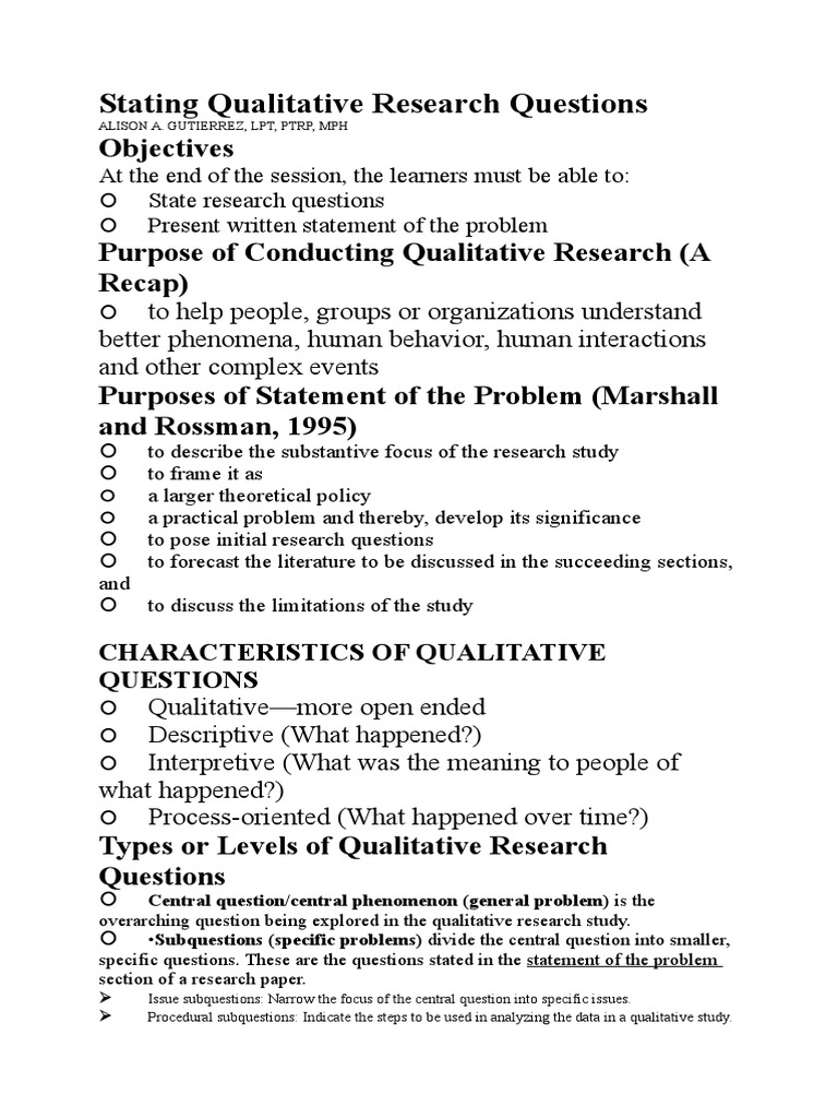 Stating Qualitative Research Questions | PDF | Narcissism | Adolescence