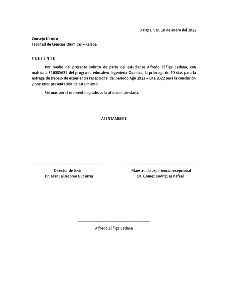 Prórroga Solicitada para Tesis de Ingeniería Química | PDF ...