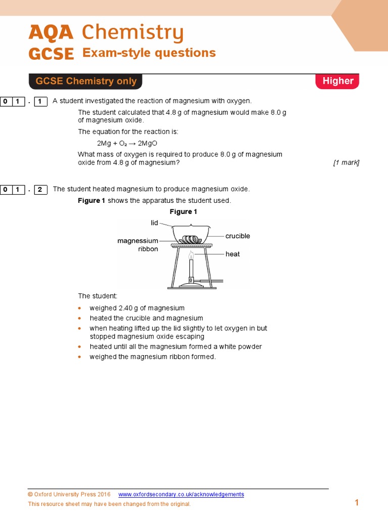 C4 Chemical Calculations Exam-Style Questions: (1 Mark) | PDF ...