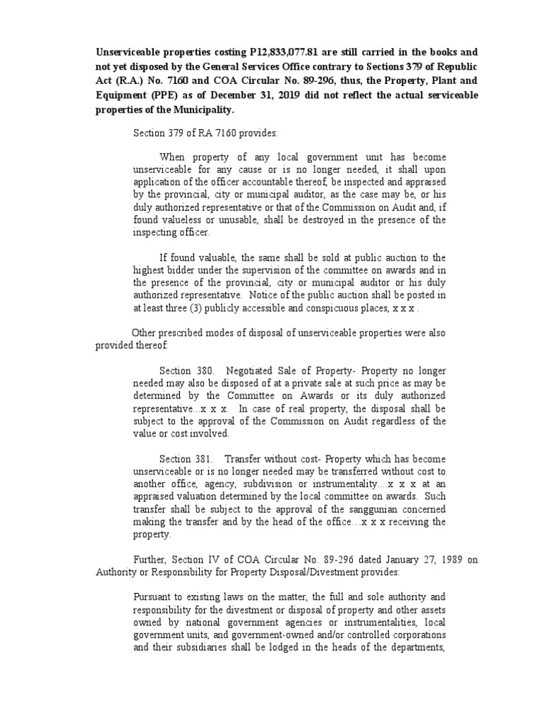 Unserviceable Property Audit Findings | PDF | Book Value | Real Estate ...