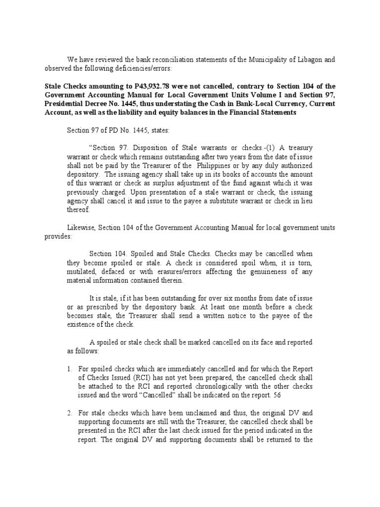 AOM NO. 01-Stale Checks | PDF | Banks | Equity (Finance)