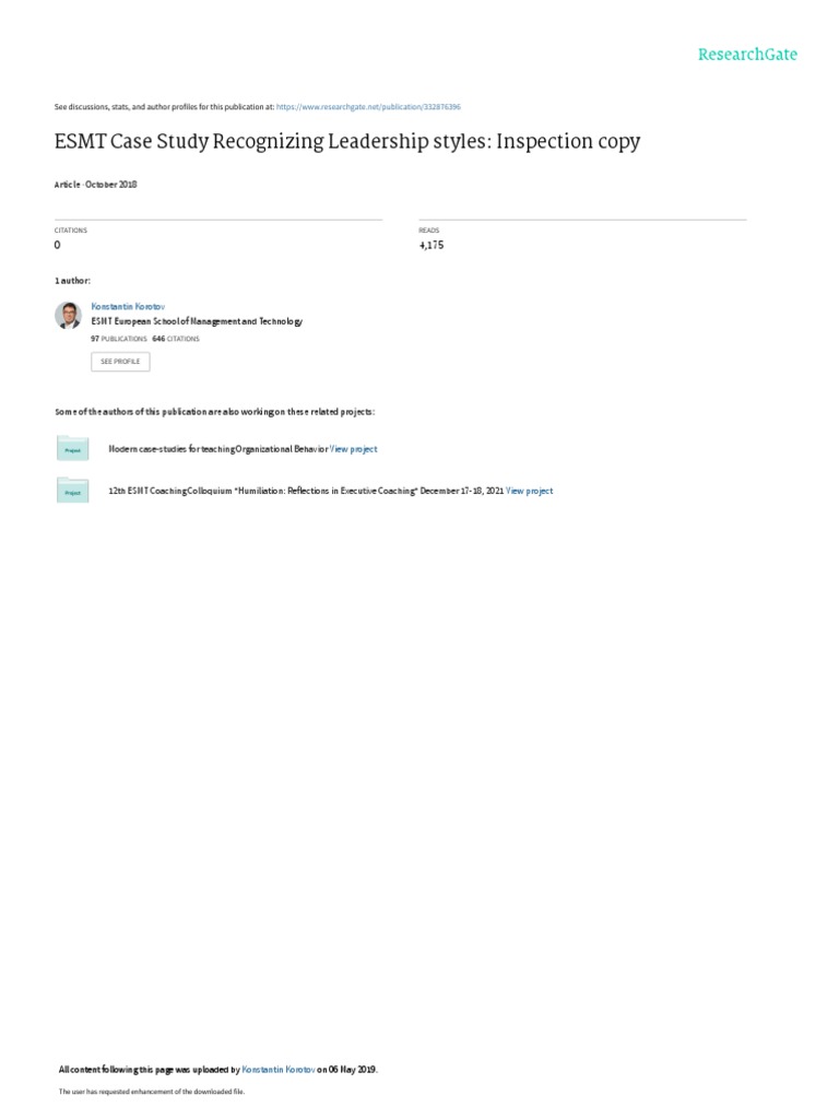 ESMT Case Study Recognizing Leadership Styles: Inspection | PDF | Leadership | Expert