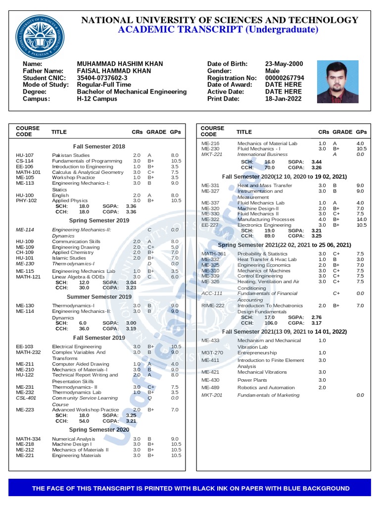 ACADEMIC TRANSCRIPT (Undergraduate) : National University of Sciences ...