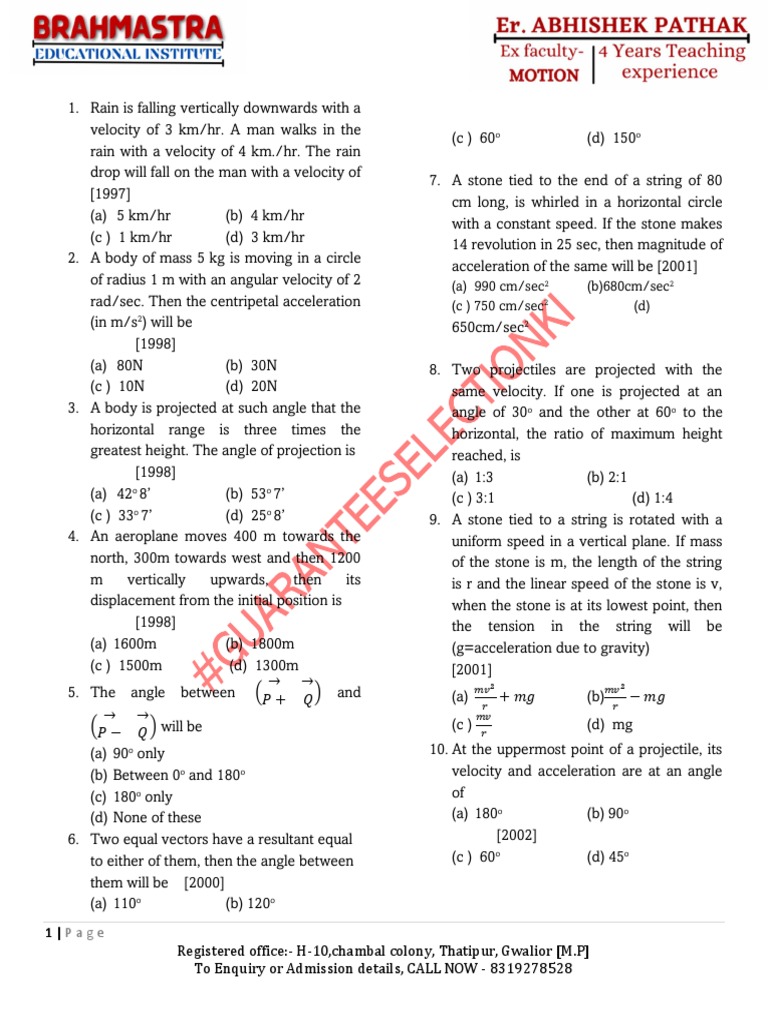 Projectile Motion Dpp Pdf Acceleration Velocity