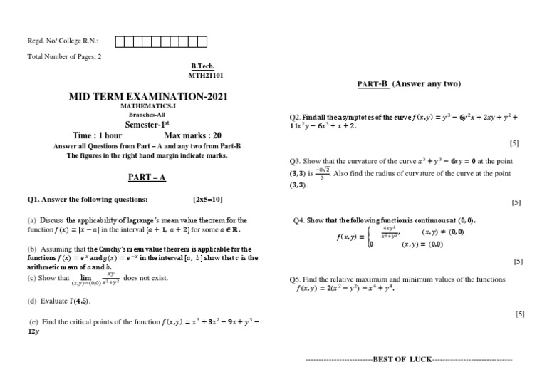 Btech 1st Sem Midsem | PDF | Calculus | Mathematics