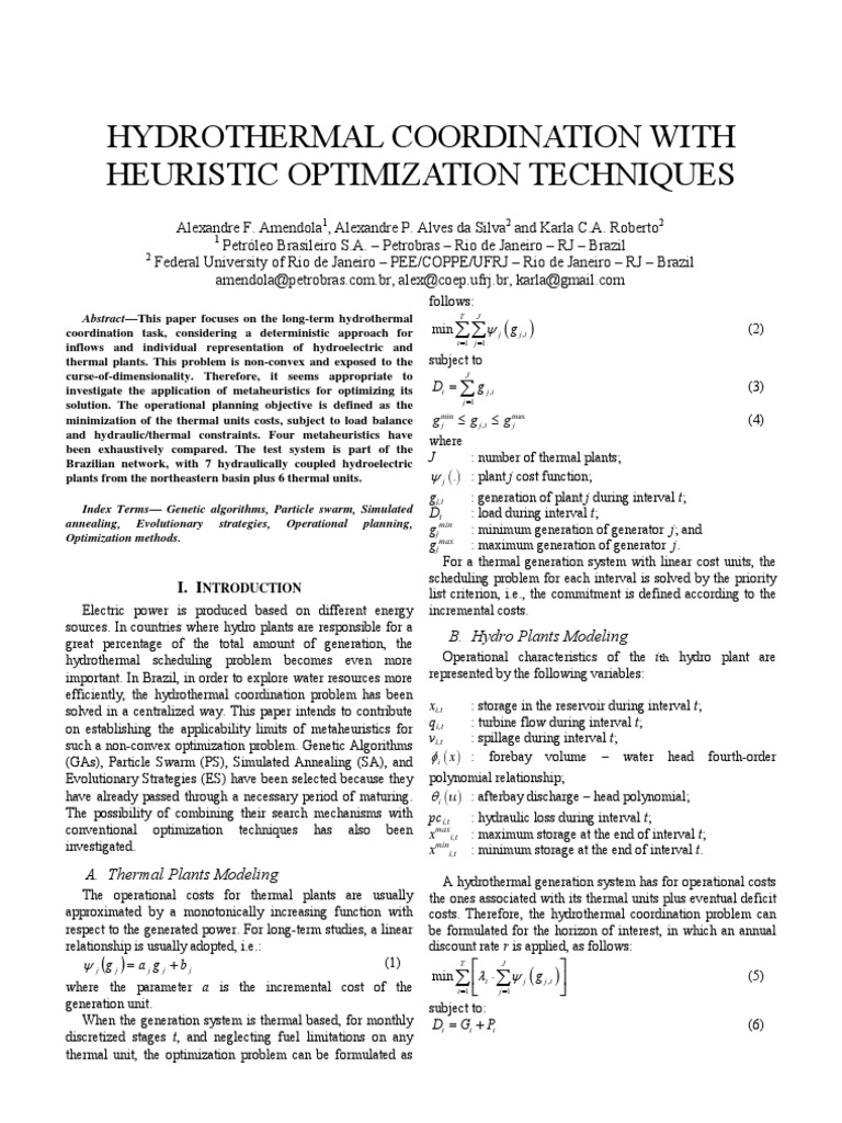 Hydrothermal Coordination With Heuristic Optimization Techniques Pdf Metaheuristic