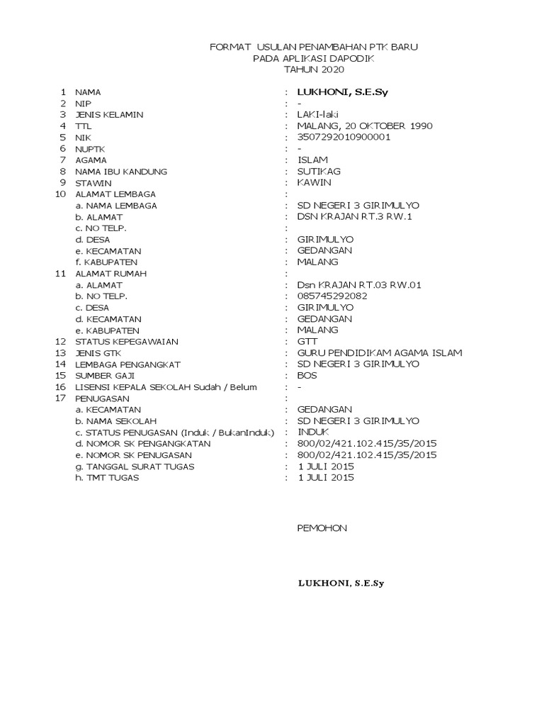 Format Usulan Penambahan PTK Baru Dapodik | PDF