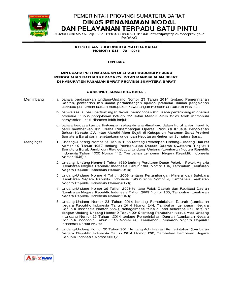Izin Usaha Pertambangan CV. Intan Mandiri | PDF