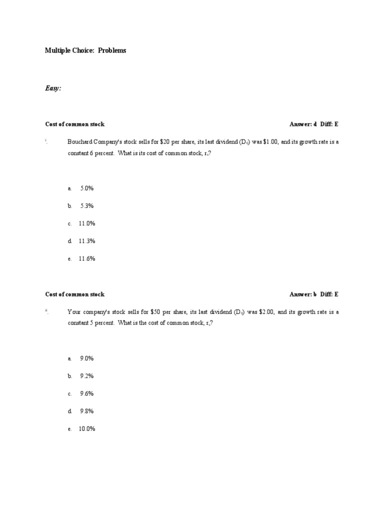 Easy:: Multiple Choice: Problems | PDF | Cost Of Capital | Stocks